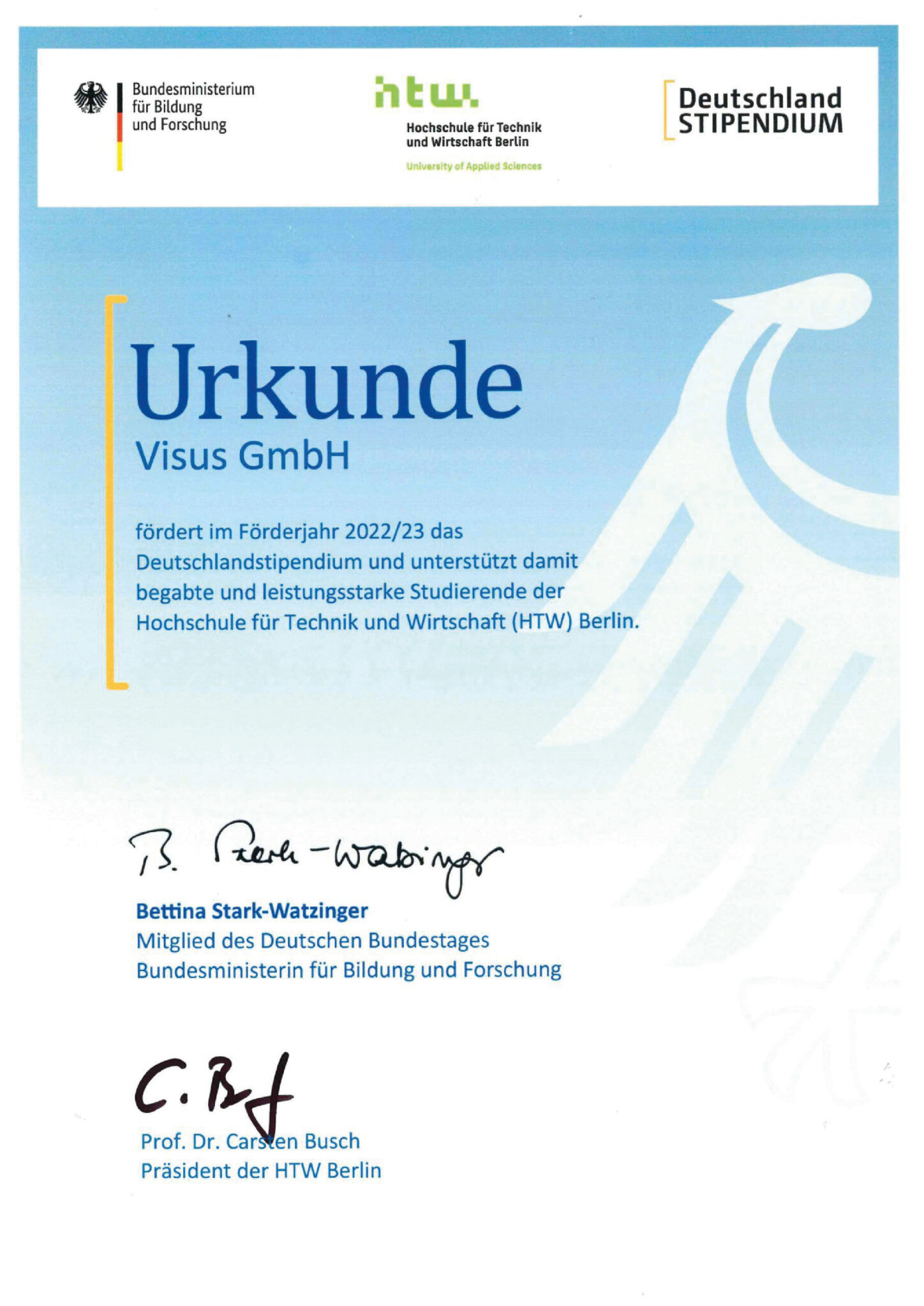 Deutschlandstipendium | VISUS Wirtschaftsprüfung & Steuerberatung Berlin